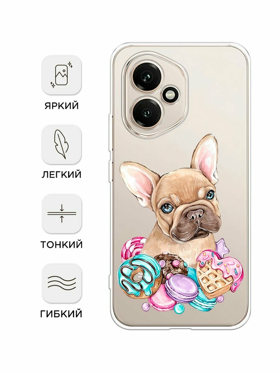 Чехол на Honor 400 / Хонор 400 с принтом "Бульдог и сладости", прозрачный — фото 1