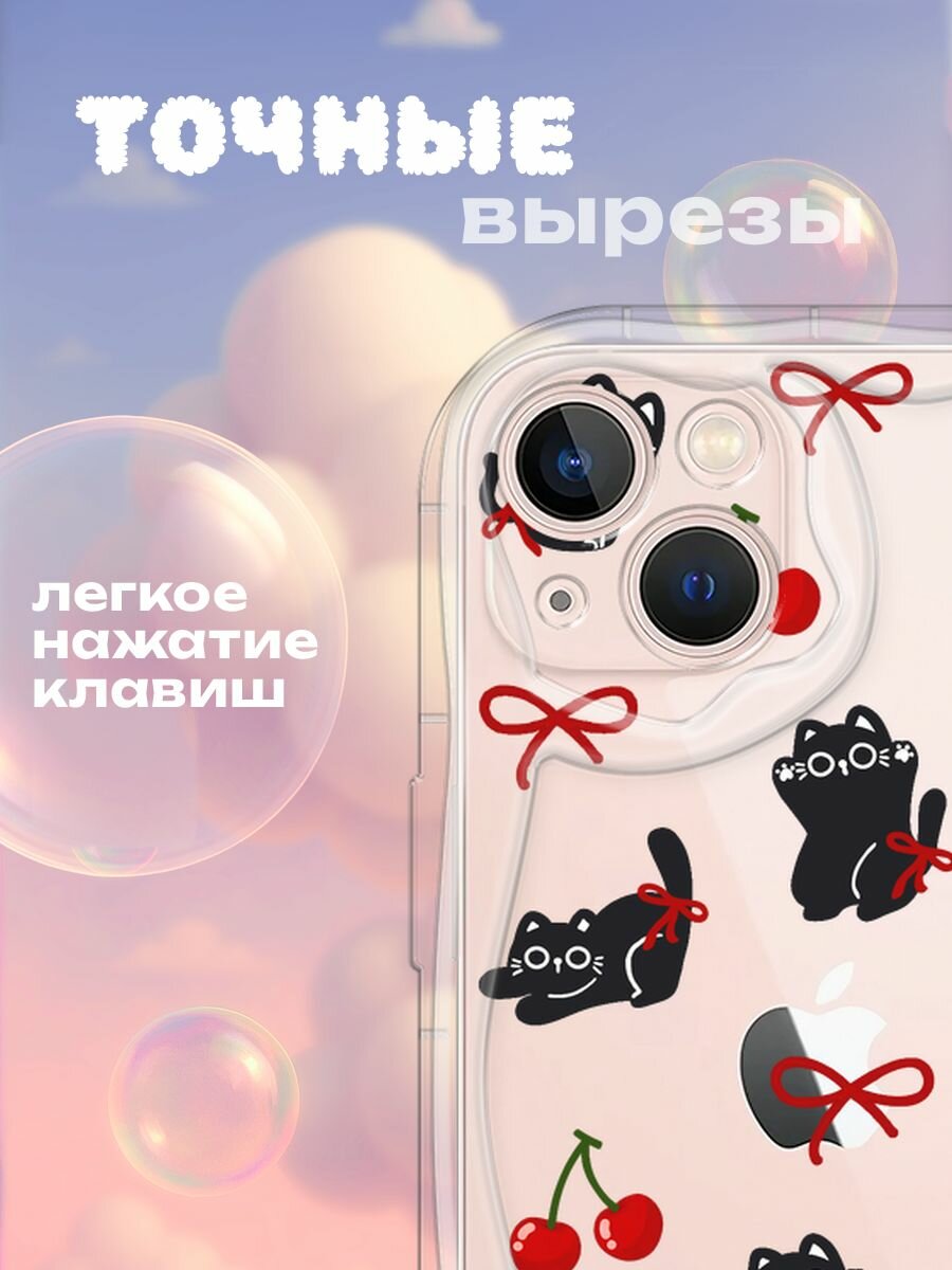 Чехол на Apple iPhone 13 / Айфон 13 с принтом "Котик, вишня и бантики" — фото 1