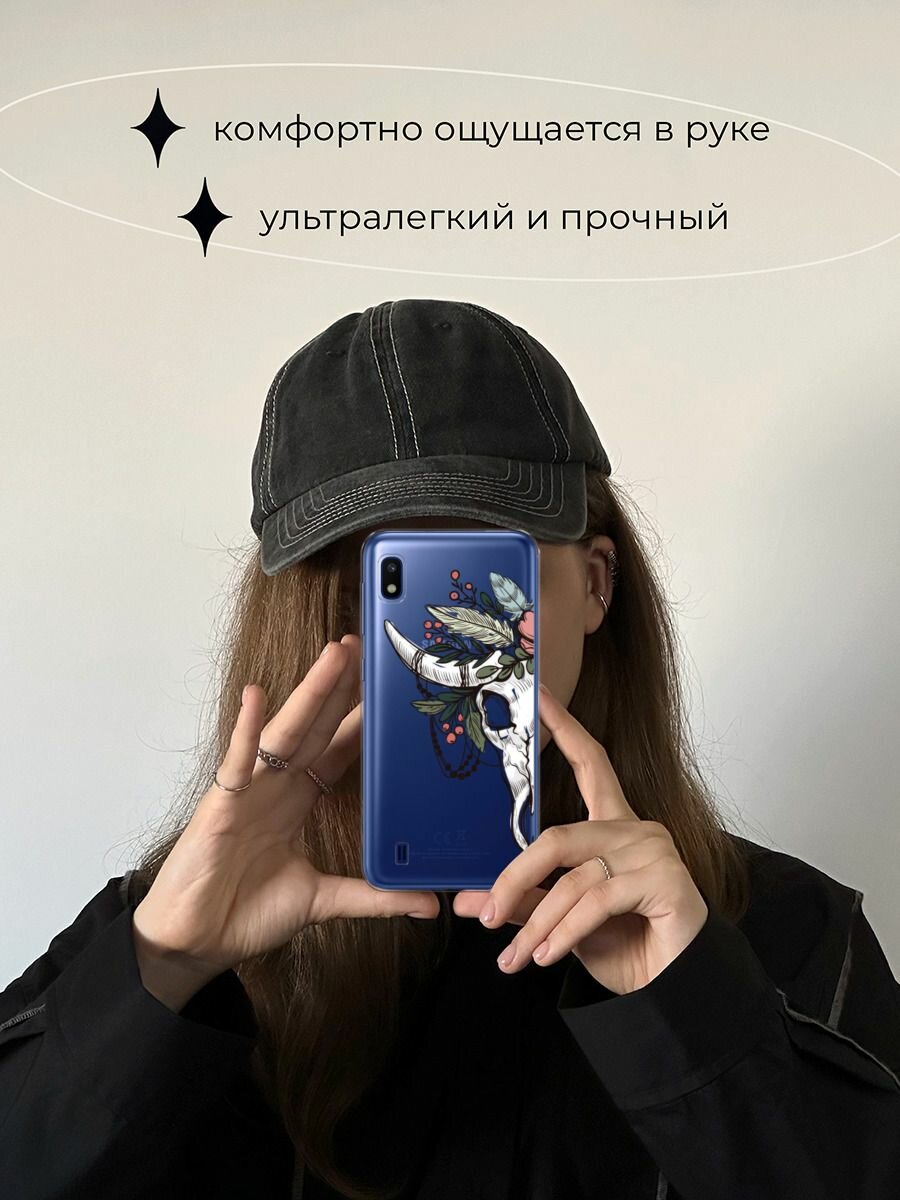 Чехол на Samsung Galaxy A10 / Самсунг Галакси А10 с принтом "Череп быка с цветами", прозрачный — фото 1