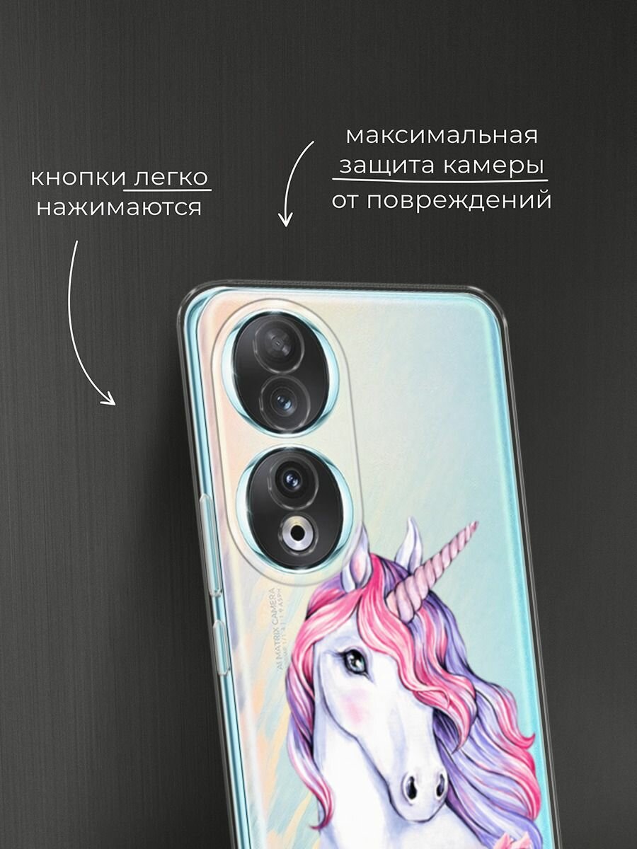 Чехол на Honor 90 / Хонор 90 с принтом "Единорог с пионами", прозрачный — фото 1