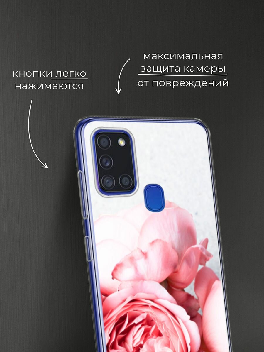 Чехол на Samsung Galaxy A21s / Самсунг Галакси A21s с принтом "Пионы на белом" — фото 1