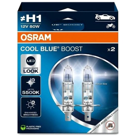 Лампа автомобильная Osram Cool Blue Boost H1 80W P14.5s до 5500K 12V, 2шт, 62150CBB-2HB