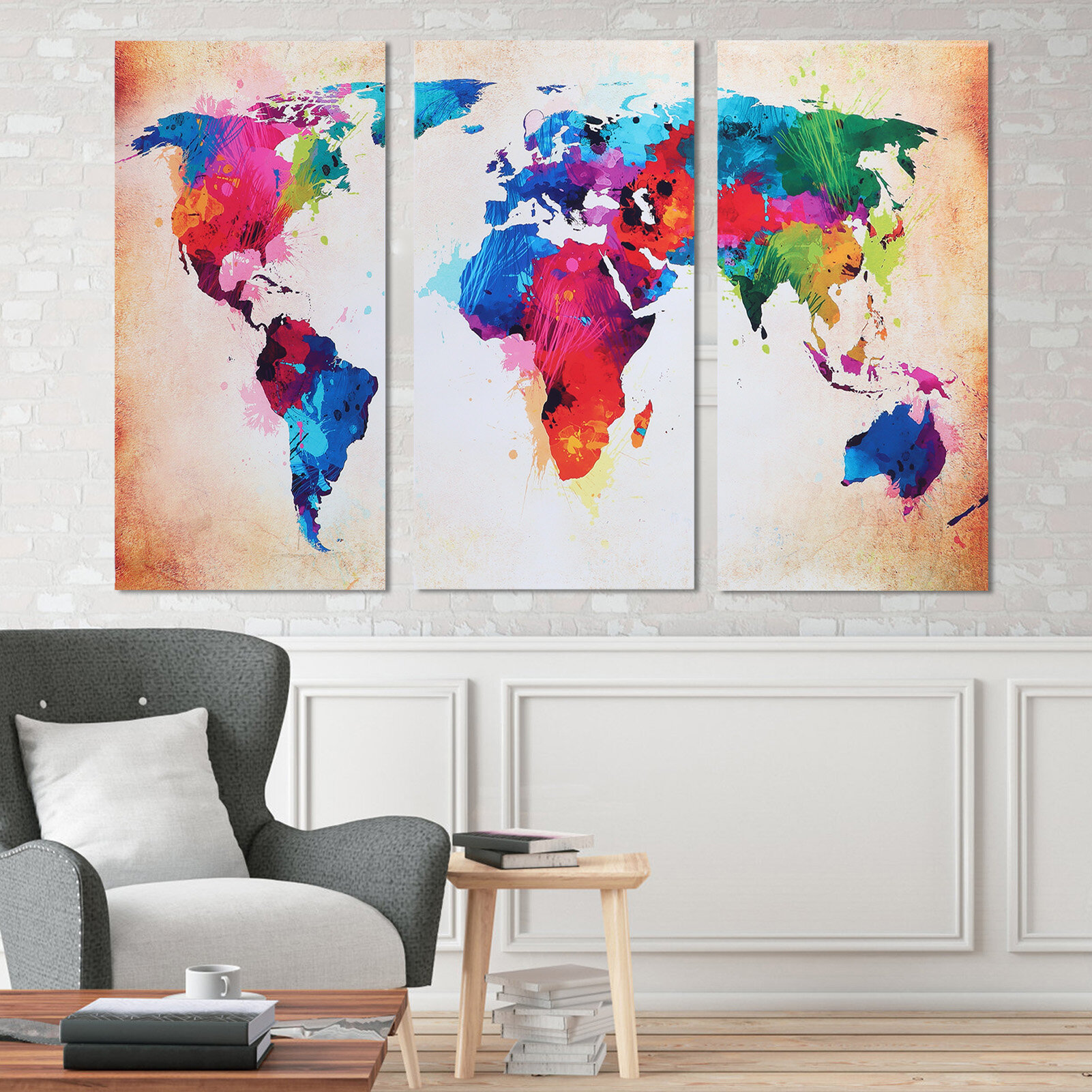 3 шт. красочные безрамные холсты карта мира узор живопись настенная художественная картина для украшения домашнего офиса