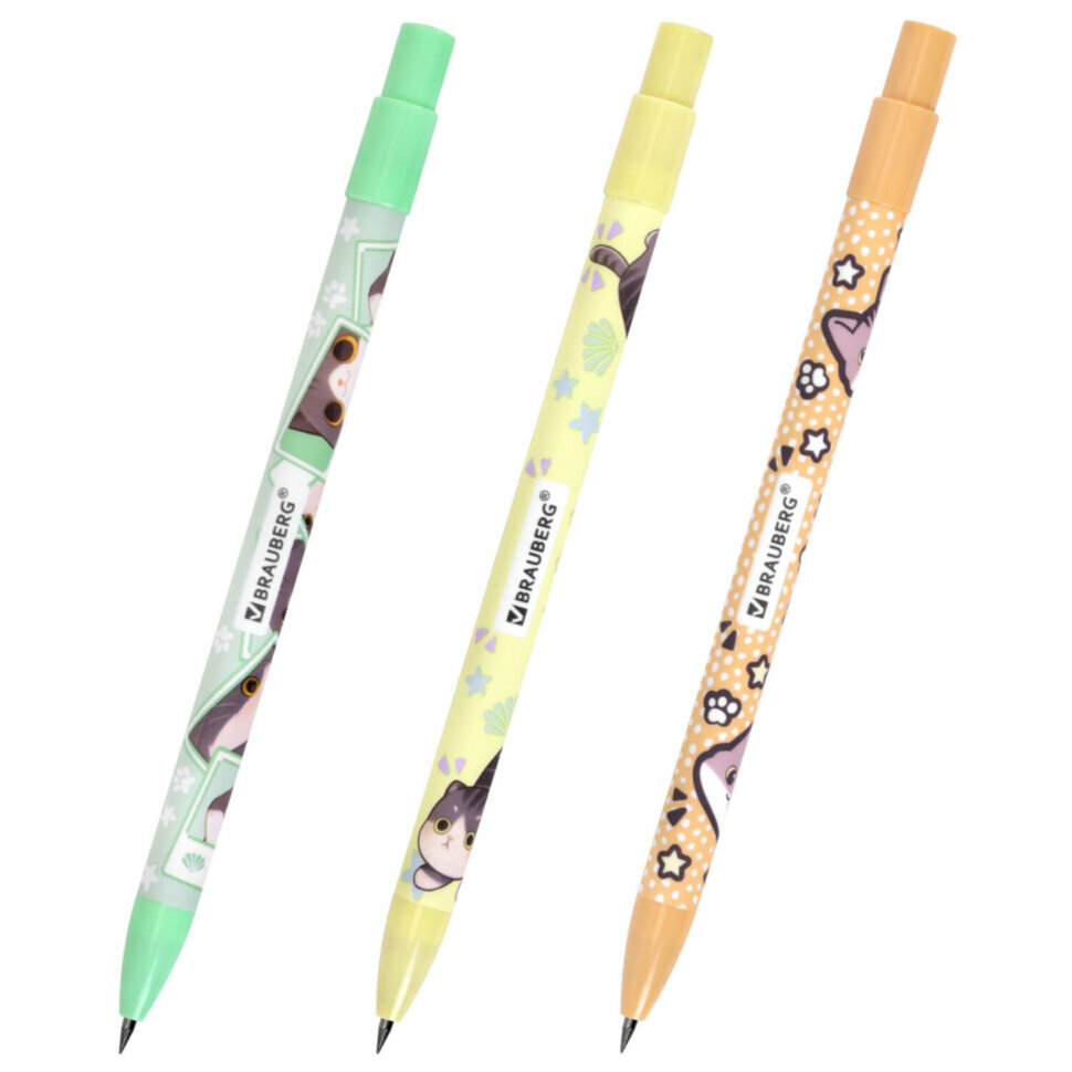 Карандаш механический цанговый 2 мм, с принтом кросс-серия милые коты, BRAUBERG, HB, встроенная точилка, корпус ассорти, 182108, 24 штук, 182108