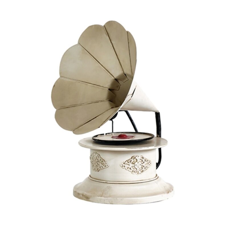 Антикварный металлический граммофон Реплики Винтажная фонографная скульптура Орнамент для офисного стола Декор для дома Ручная работа Подарок, Белый