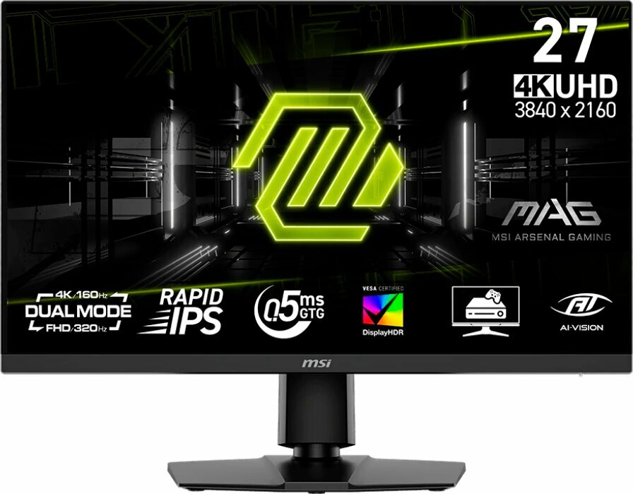 Монитор 27" MSI MAG 272URDF E16 IPS 3840x2160, 160 Гц, 0.5 мс, 16:9, 400 кд/м², 2xHDMI 2.1, DP 1.4, 3.5 Jack, USB Hub (2x USB 2.0), черный
