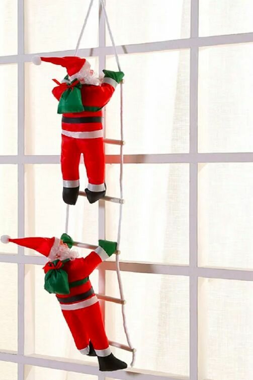 Дед мороз (2 шт по 30 см) на веревочной лестнице - новогоднее украшение санта-клаус