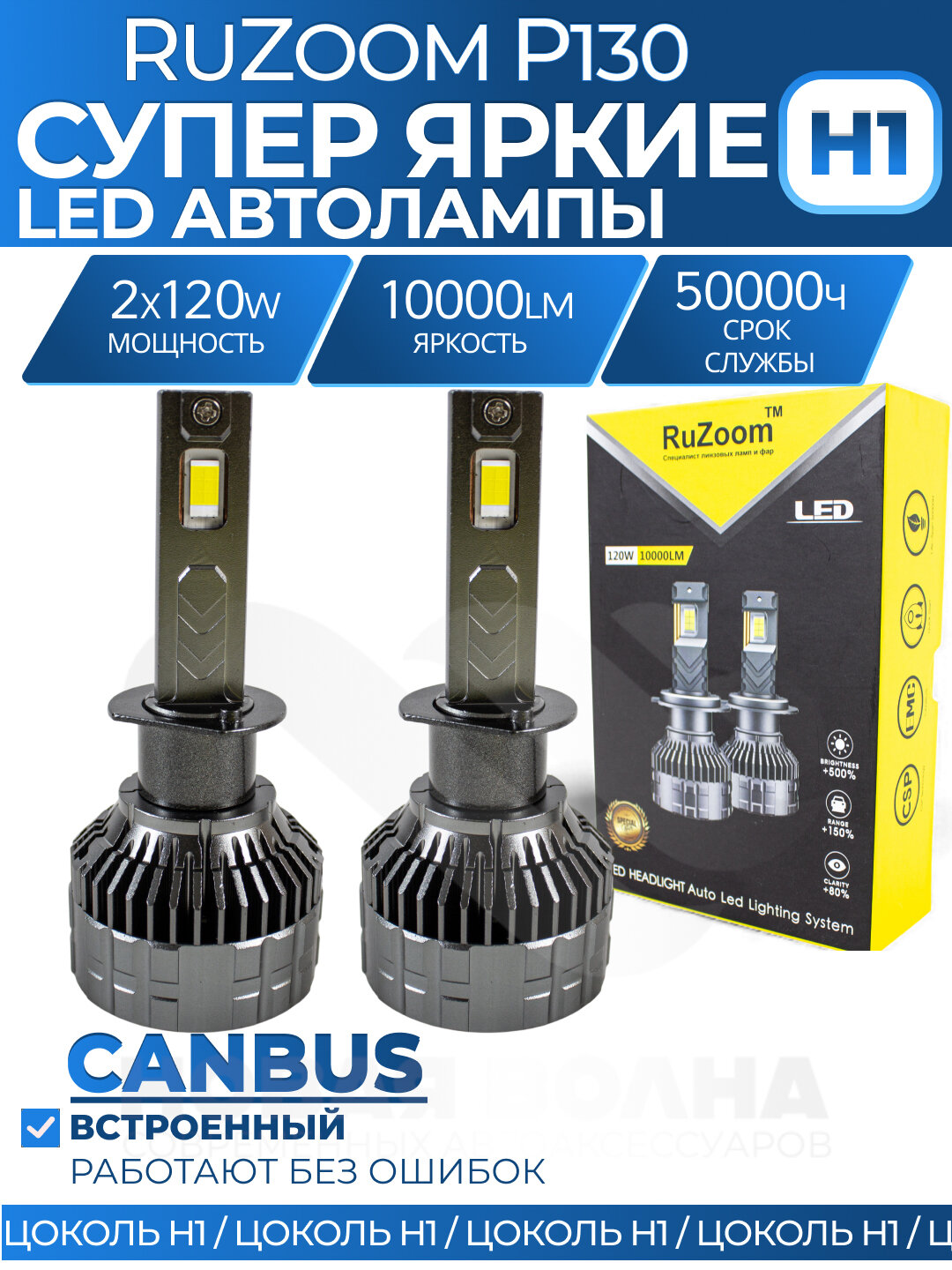 Светодиодные лампы LED RuZoom P130 H1 120W, комплект - 2 шт.