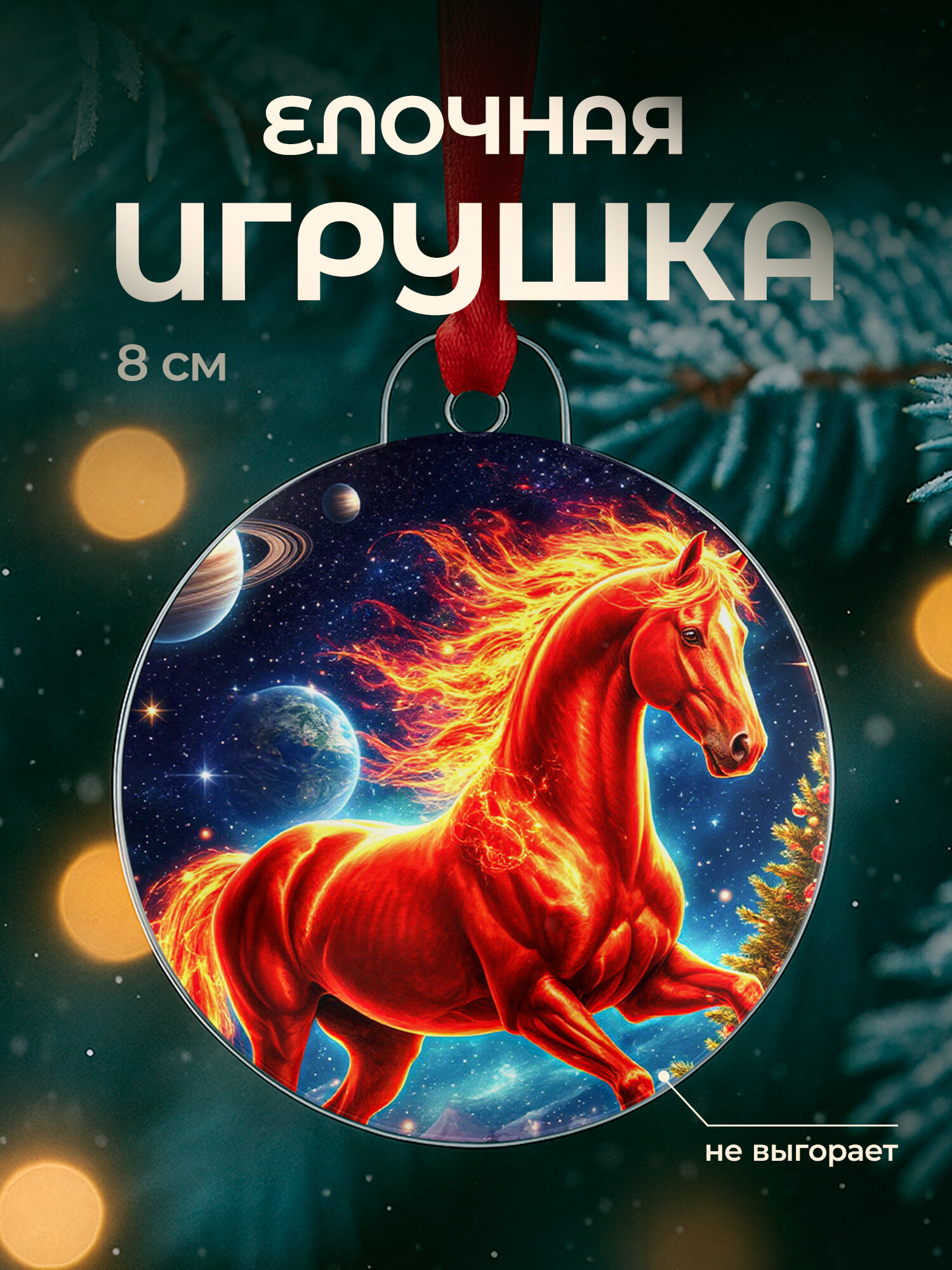 Елочная игрушка новогодняя плоская, акрил, 8 см с принтом Красная огненная лошадь
