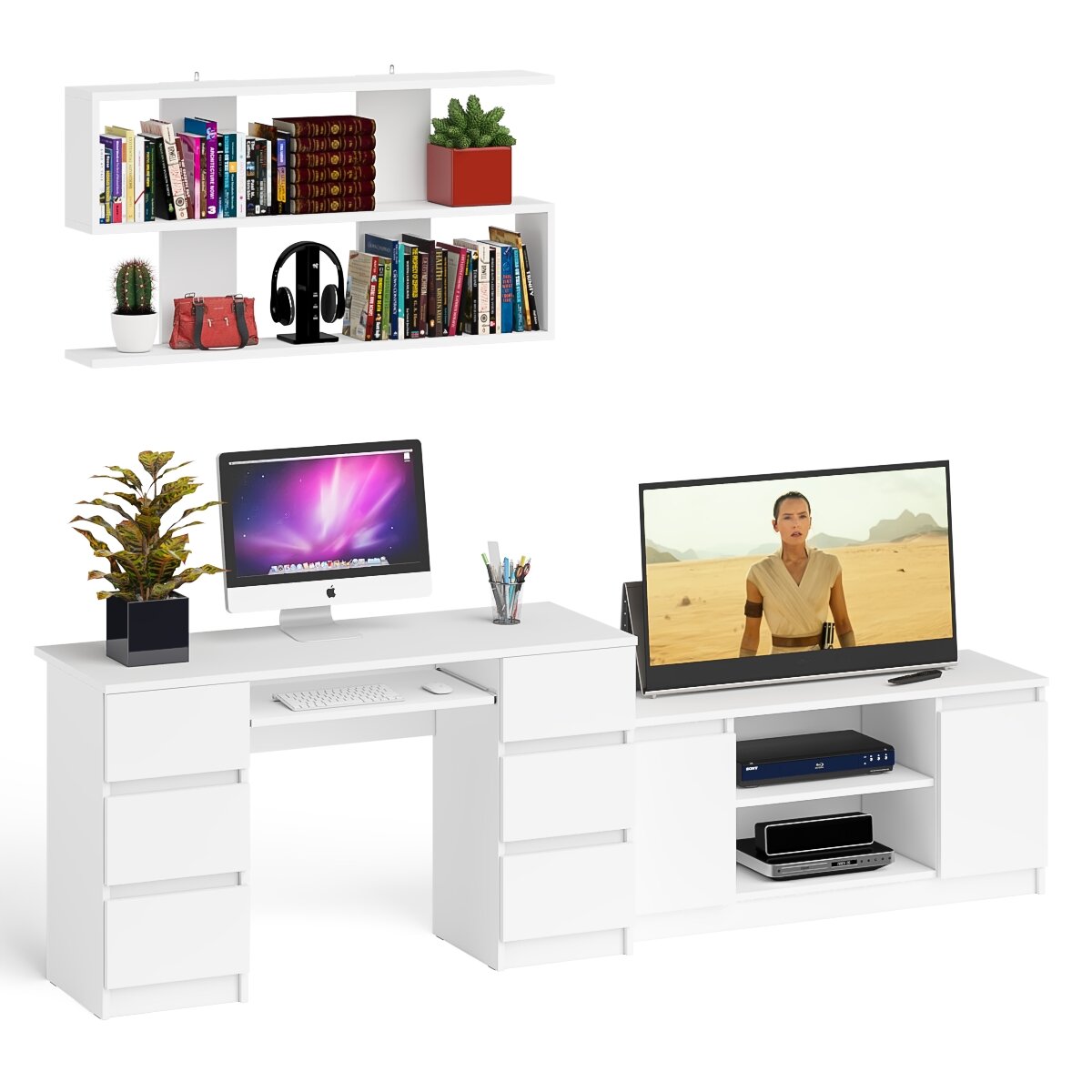 Письменный стол Мори МС-2 с ТВ-тумбой 1200 и навесной полкой 1200, белый, 255,8х50х209,6 см.