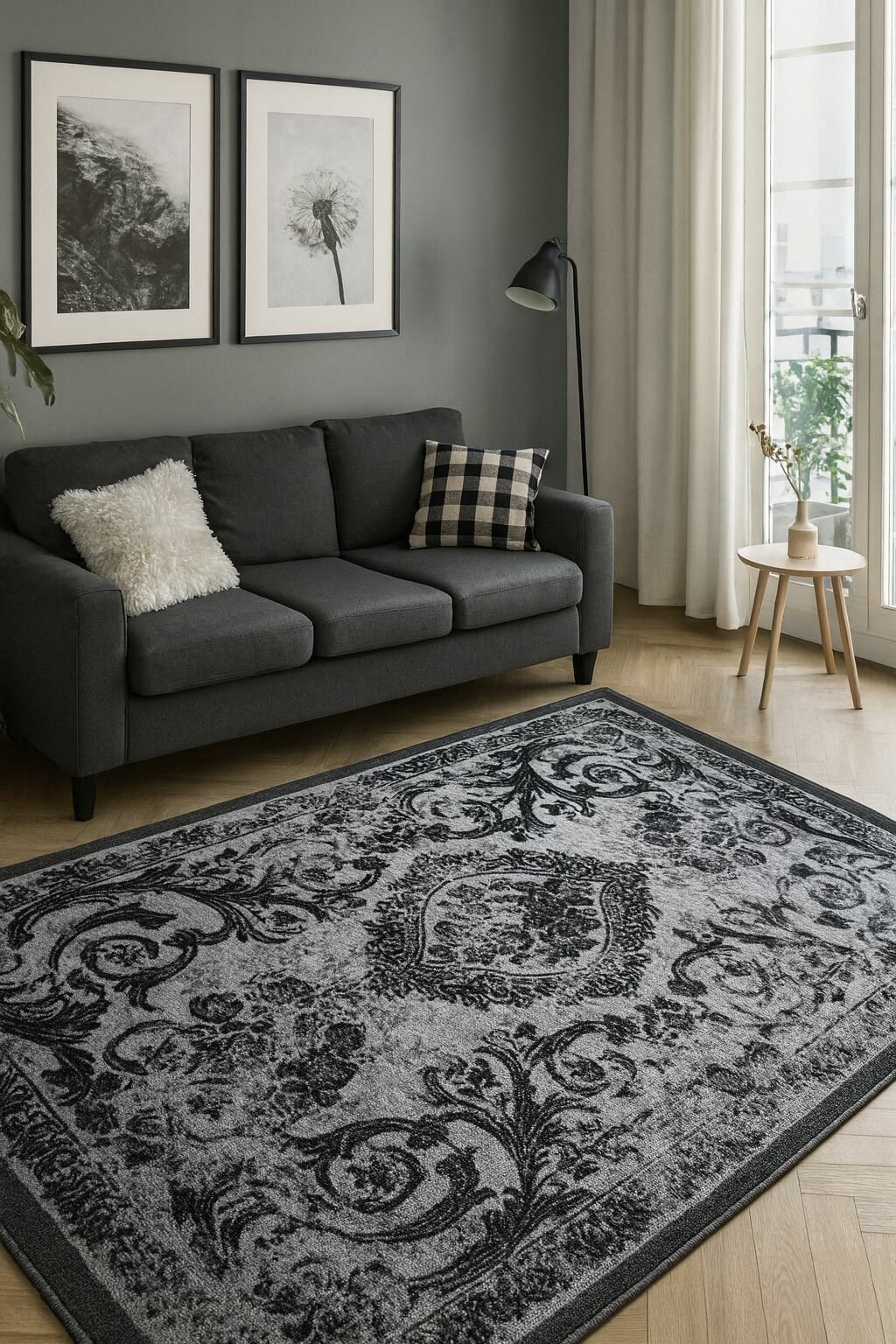 Ковер палас безворсовый 1.5 2.0 м, петлевой ворс 3 мм, войлочная основа, серый классический узор