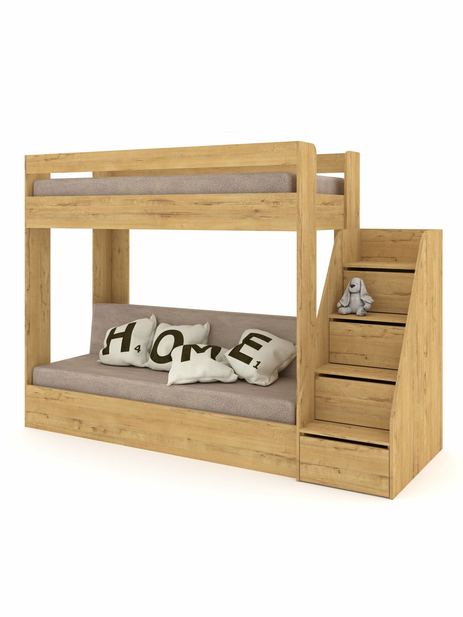 Кровать двухъярусная с диваном и лестницей-комодом Есэндвич Лаворо (Дуб бунратти/Замша Federica Nut)