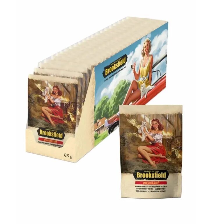 Влажный корм Brooksfield Sterilized/Light для стерилизованых кошек с лишним весом, индейка в соусе, паучи - 85 г х 12 шт