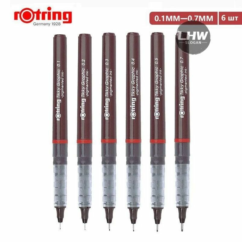 Tikky Изограф Rotring , 6 шт 0.1MM-0.7MM, пластиковый корпус Одноразовая нейтральная ручка для рисования
