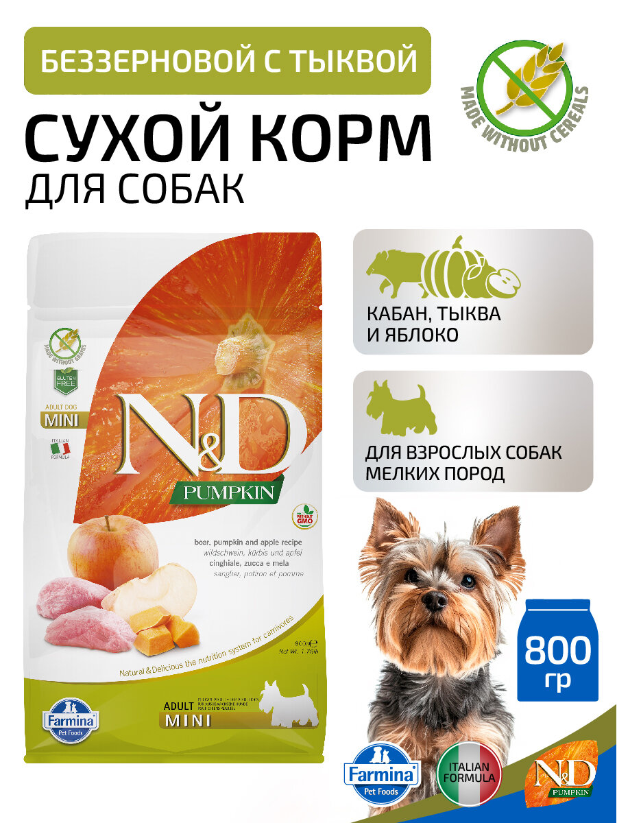 Сухой беззерновой корм для собак мелких пород Farmina N&D Pumpkin Mini с кабаном, яблоком и тыквой, 800 г