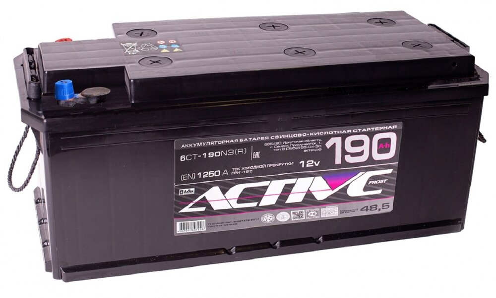 Аккумулятор автомобильный Active Frost 190 А/ч 1250 А прям. пол. конус (3) Евро авто (514х218х220) АF190-З-R-K-k