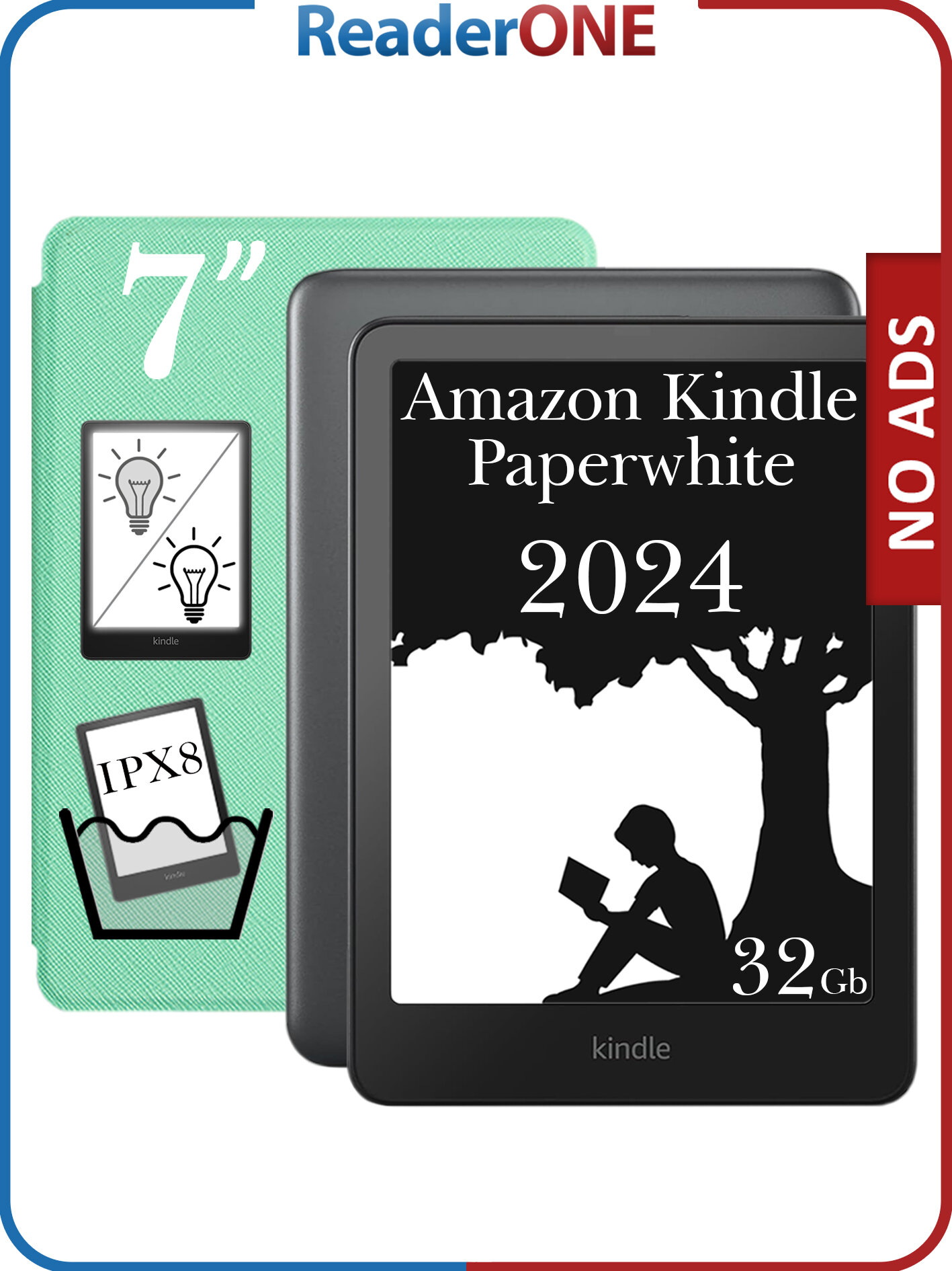 Электронная книга Amazon Kindle PaperWhite 12 2024 32Gb SE Metallic Black с обложкой ReaderONE Light Green