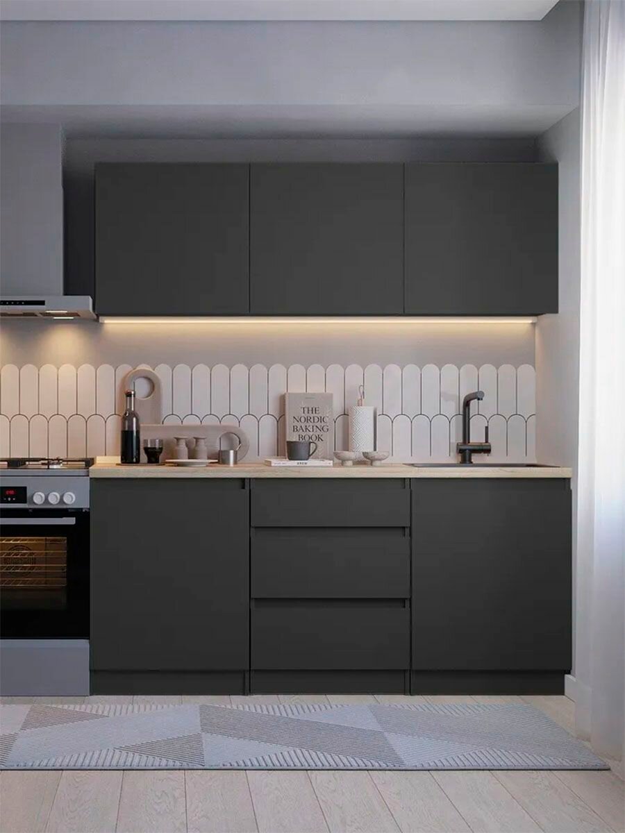 Кухонный гарнитур столплит Леон прямой, с полками и ящиками, ЛДСП, МДФ, диамант серый, 180х46х200 см