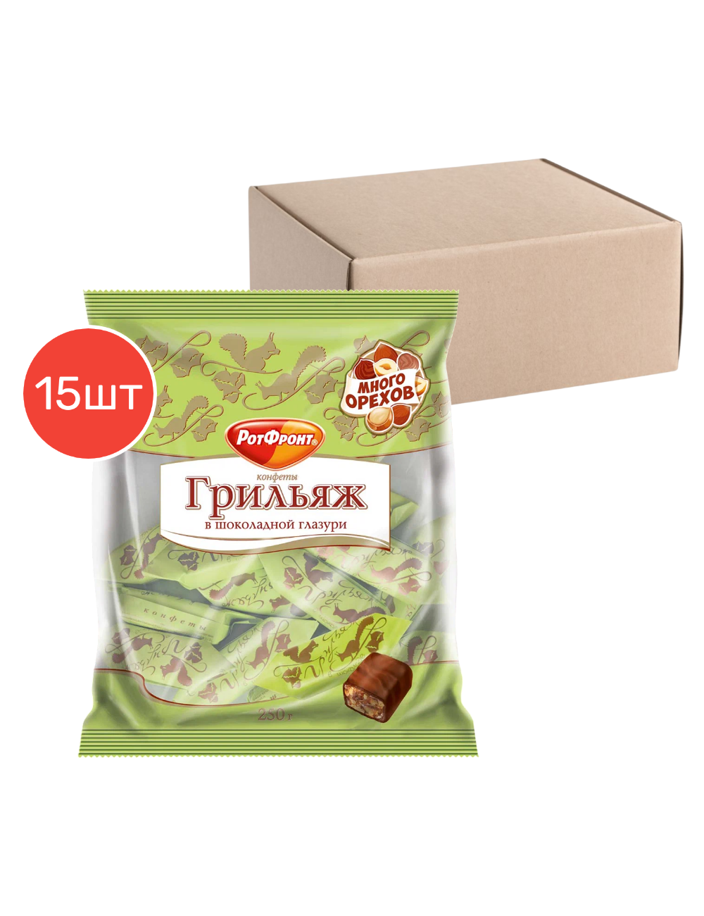 Конфеты Рот Фронт Грильяж в шоколадной глазури, с дроблённым фундуком, 200г 15шт