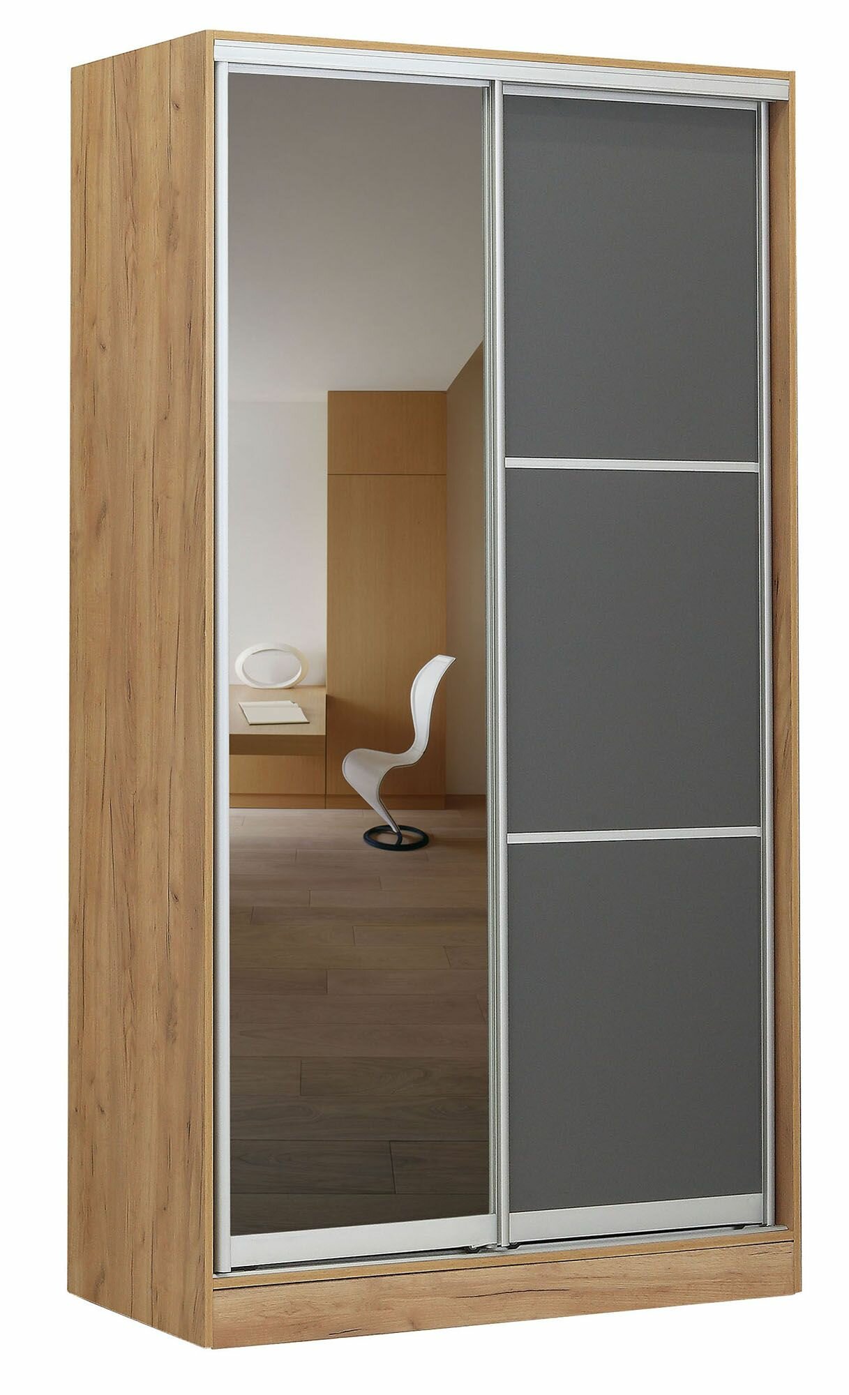 Шкаф-купе двухдверный со вставками и зеркалом 121х59х230 вариант 4, дуб крафт золотой/графит серый