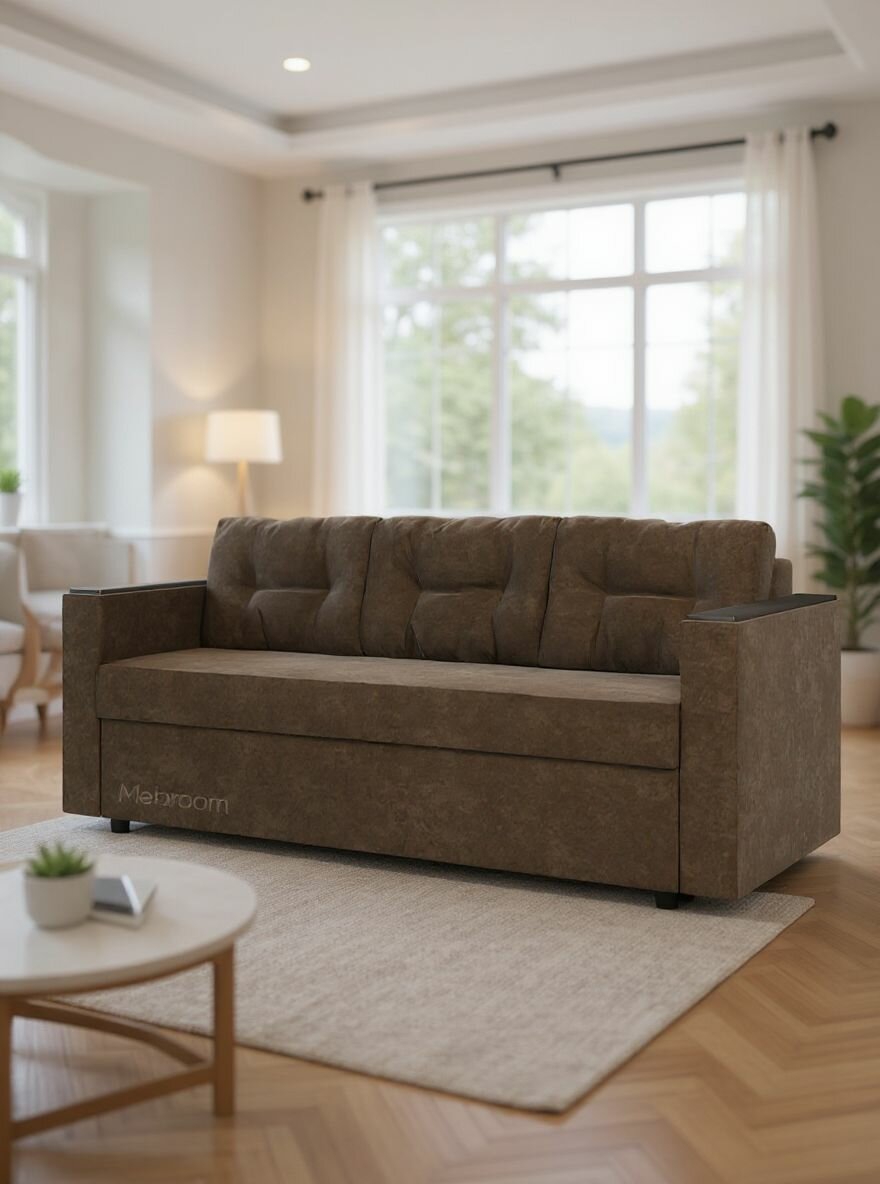 Диван-кровать прямой раскладной "Атлант" с ящиком для белья, велюр коричневый