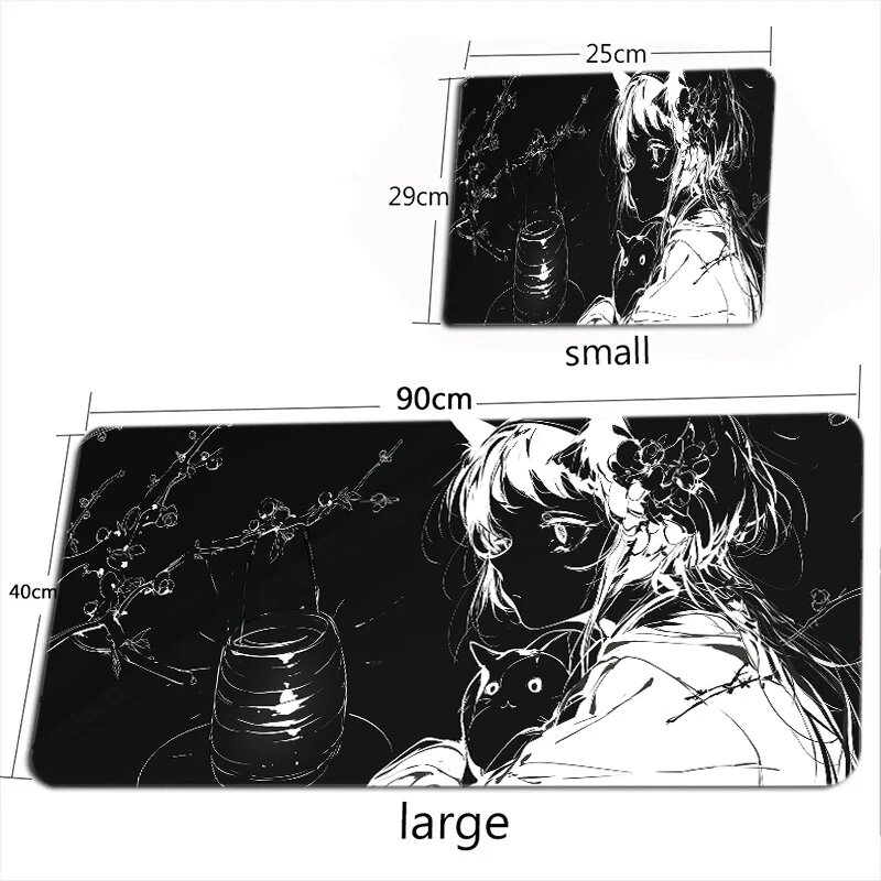 Черно-белый коврик для мыши с персонажем аниме, большие коврики для компьютерного офисного стола, резиновый противоскользящий коврик для игровой клавиатуры XXL, длинные коврики для стола