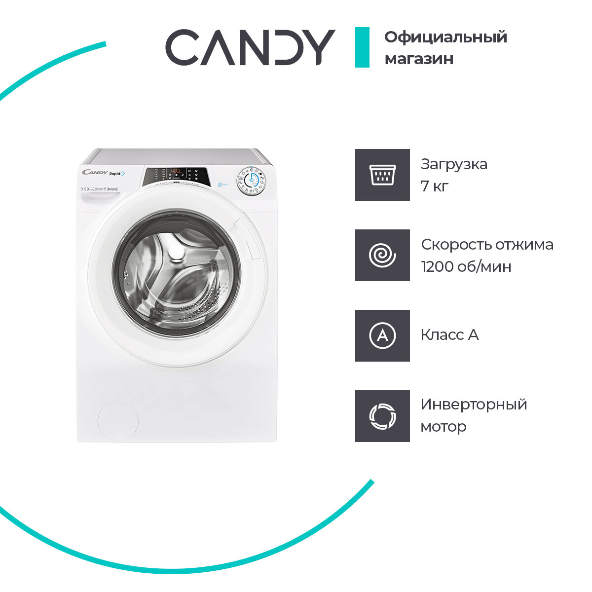 Узкая стиральная машина Candy Rapido RO4 1274DWM4-07, белая, 17 программ, Загрузка 7 кг, инвенторный мотор, быстрая стирка
