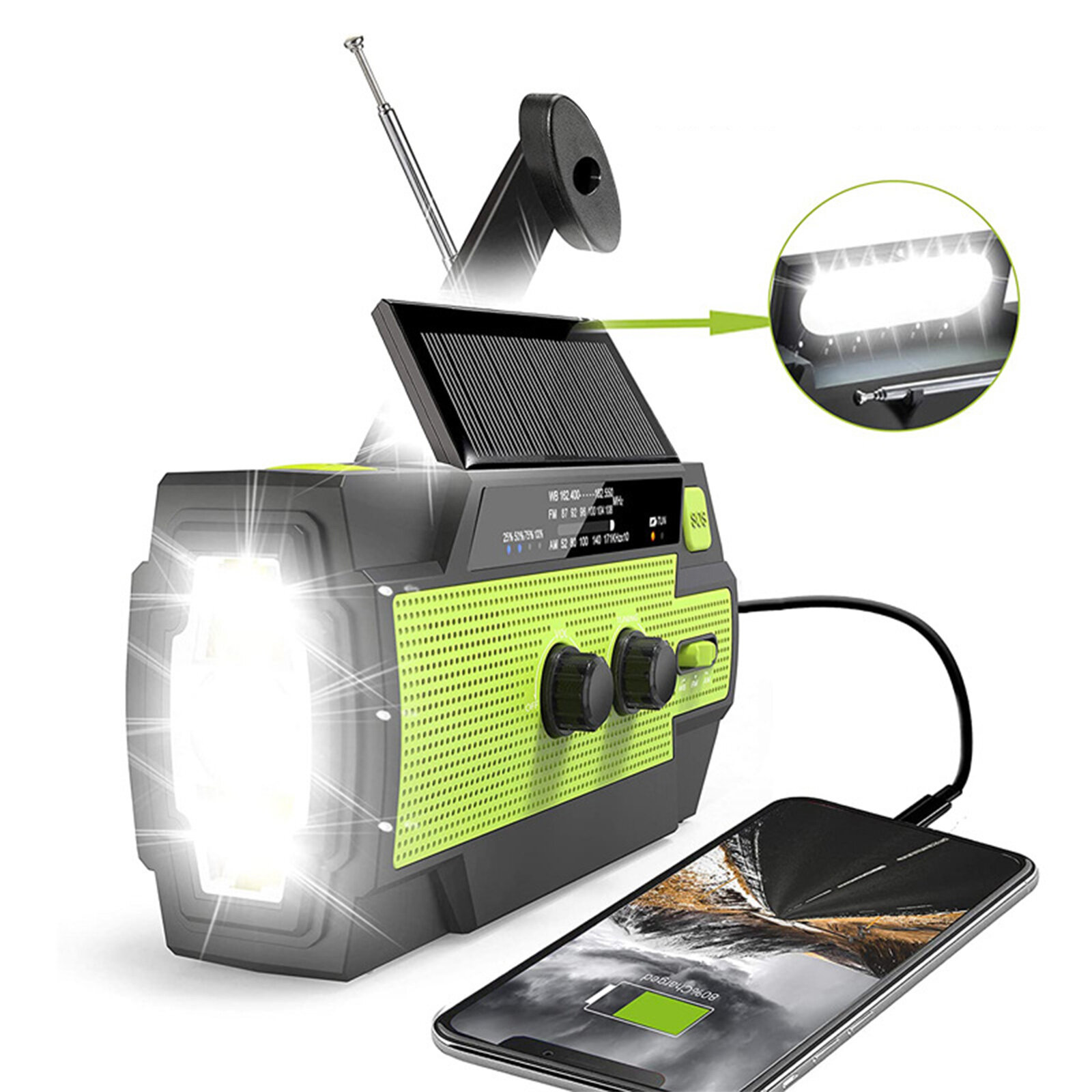 Радио аварийное Puiuisoul 4000mAh с ручным приводом и солнечной зарядкой, фонарь LED 3 режима, сигнал SOS, портативный внешний аккумулятор, AM//NOAA, сенсорная настольная лампа для чтения, сертификаты CE FCC RoHS PSE ISO9001 MSDS UN38.3 IEC62133, 1 шт.