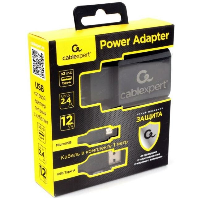 MP3A-PC-35 Зарядное устройство Cablexpert MP3A-PC-35, 12Вт, 2.4А, 2хUSB, кабель Micro USB 1м, черный, коробка-блистер