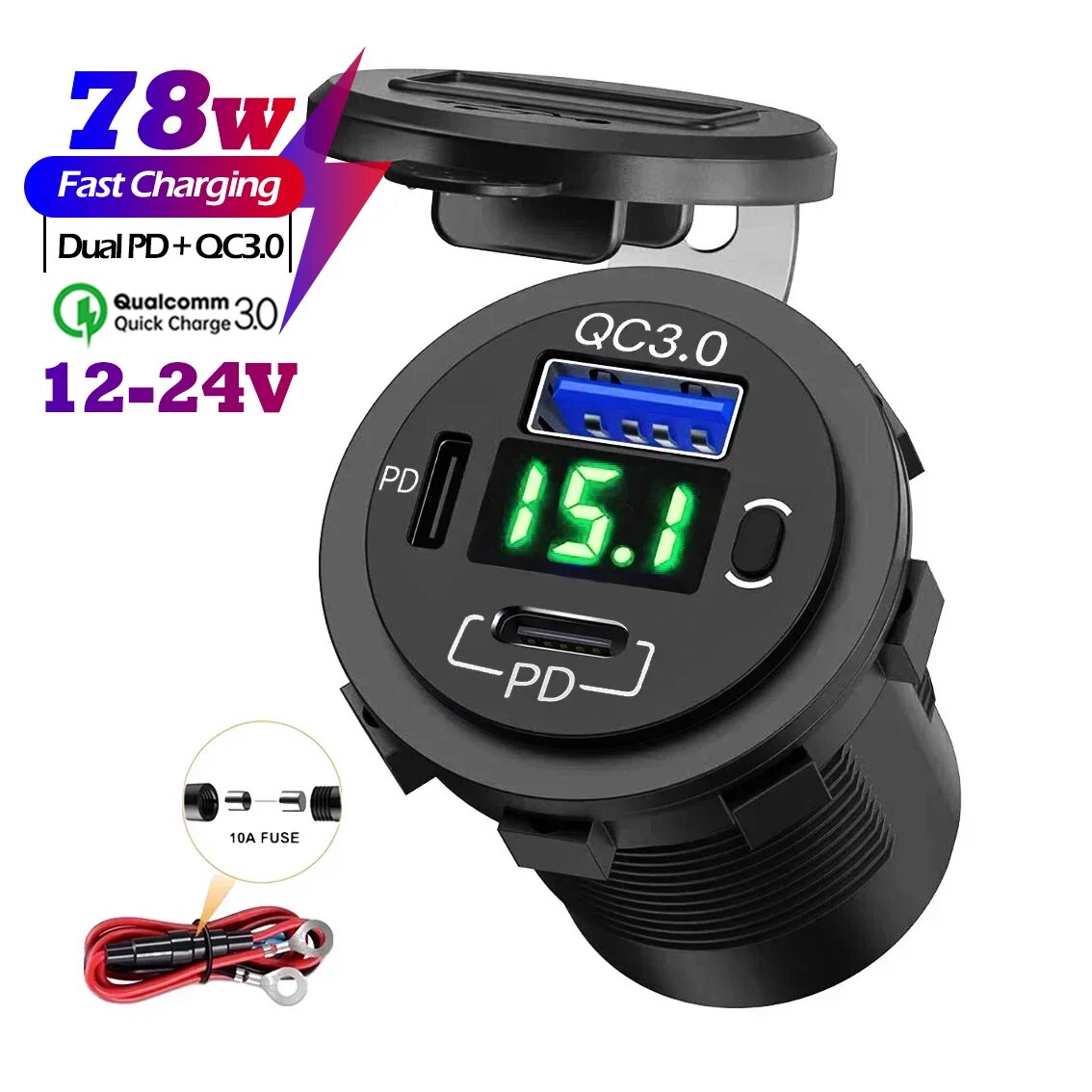 Розетка USB 12 В, двойная розетка для автомобильного зарядного устройства USB-C и Green-Wire-2P1Q