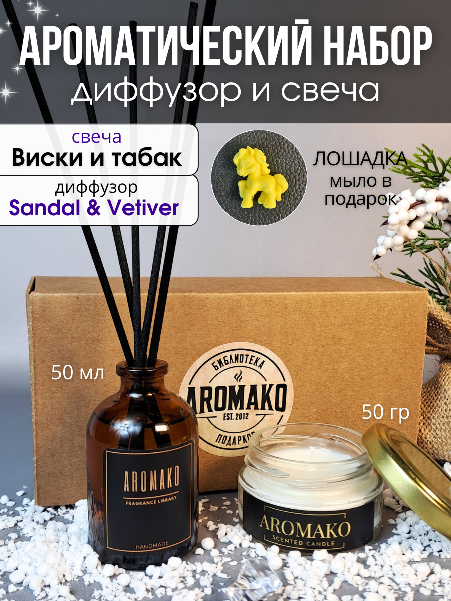 Подарочный набор в коробке аромадиффузор с палочками Сандал и ветивер 50 мл, свеча Виски и табак 50 гр, подарочный бокс