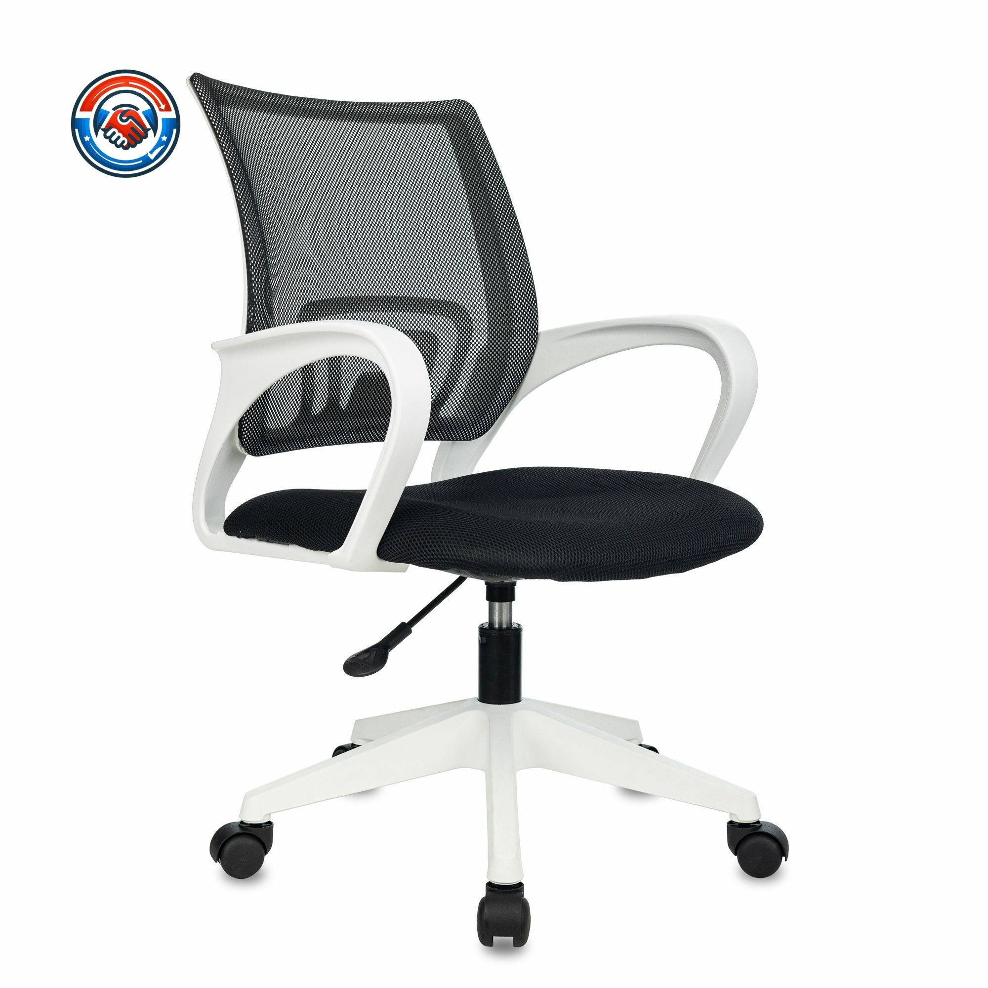 Компьютерное офисное кресло Бюрократ CH W 696 BLACK с подлокотниками, анатомическая сетчатая спинка, регулировка высоты, белая пластиковая база, 150 кг, BIFMA