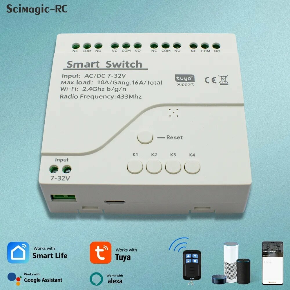 Умный Wi-Fi реле модуль 4CH AC/DC 7-32V 12V 24V сухой контакт Tuya/Smart Life APP удаленное управление голосом Alexa, умный выключатель для дома (Без пульт)