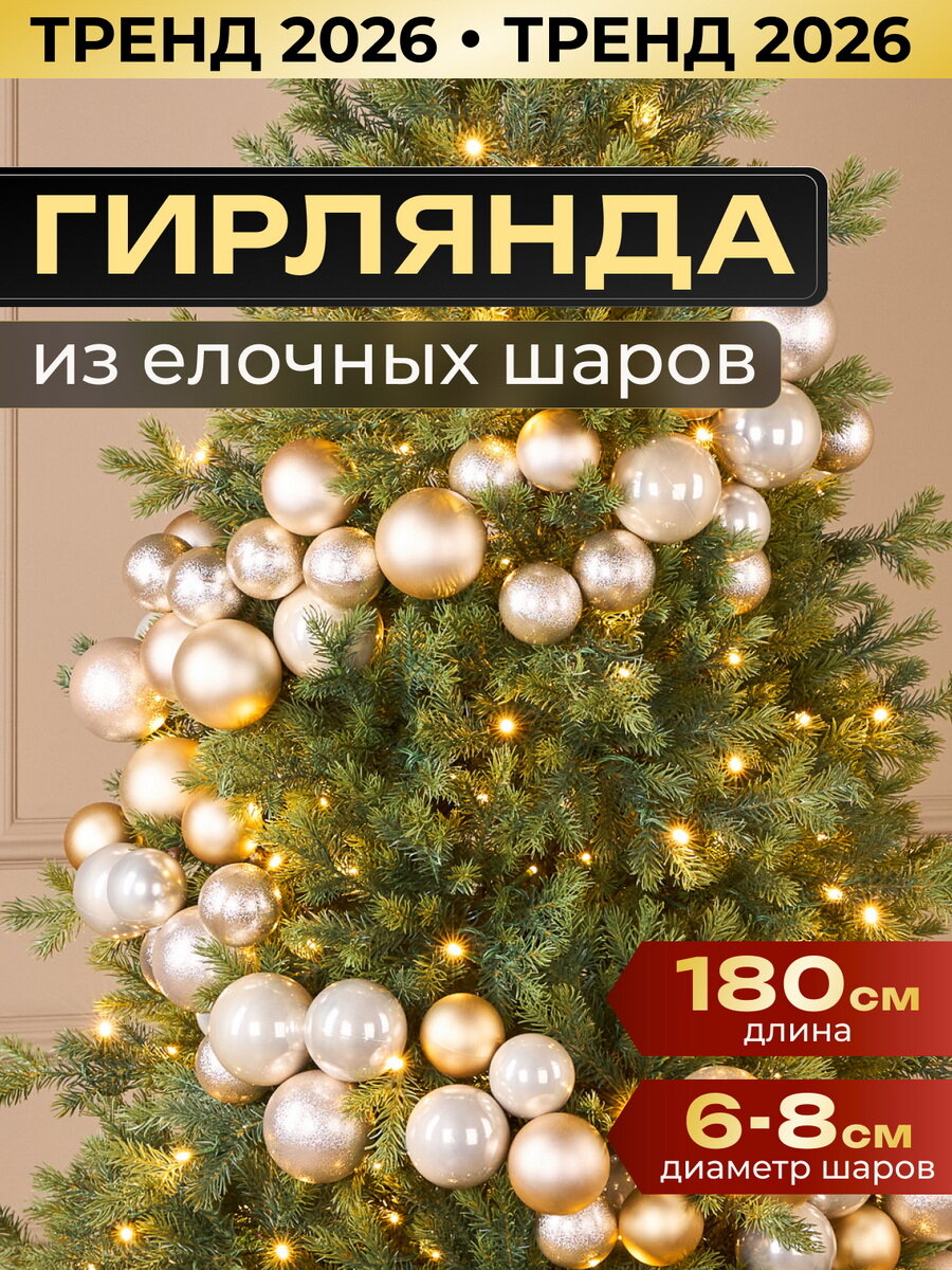 Гирлянда из елочных шаров Жемчужное Сияние - Winter Gems 180*17 см, пластик, Winter Deco, 1097082