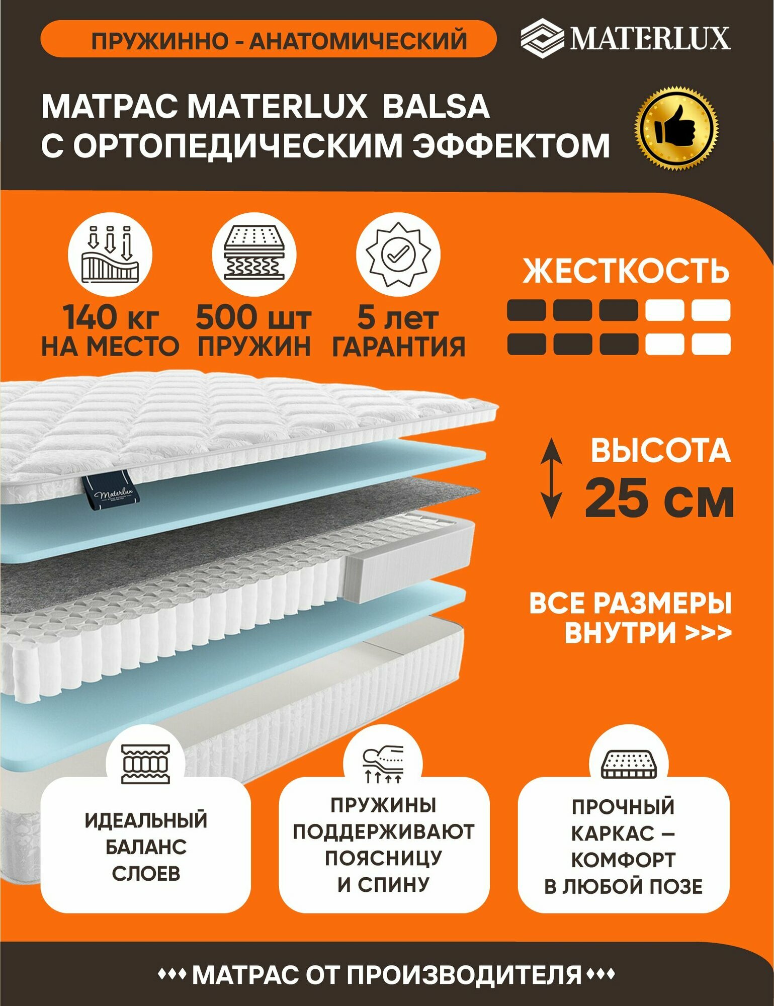 Матрас Materlux Balsa 200х220 серии Lux высота 25 см анатомический средней жесткости Независимые пружины