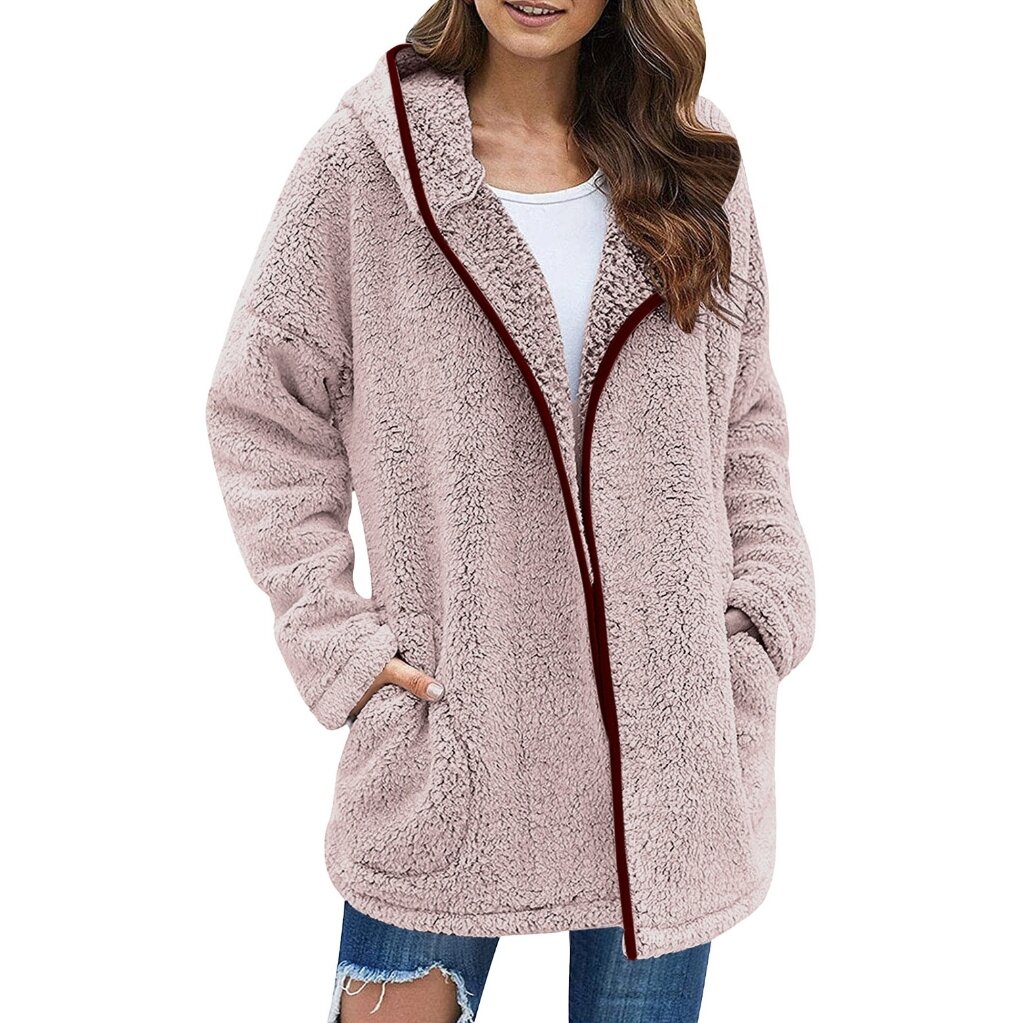 Женское Теплое Повседневное Негабаритное Пальто С Капюшоном, Флисовый Кардиган с Длинным Рукавом и Карманами