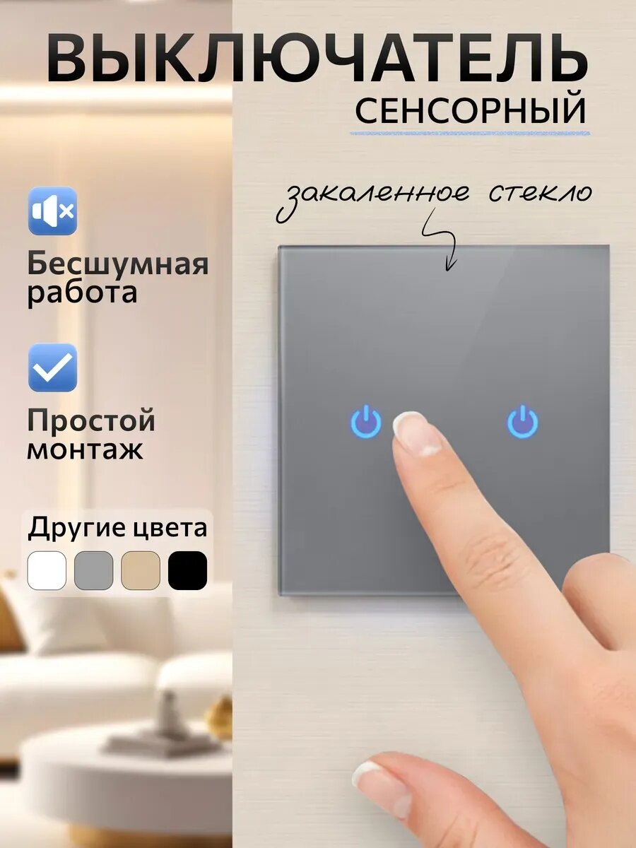 Сенсорный выключатель с подсветкой проводной "INLY"закаленное стекло, 2 клавиши с винтовым креплением серый
