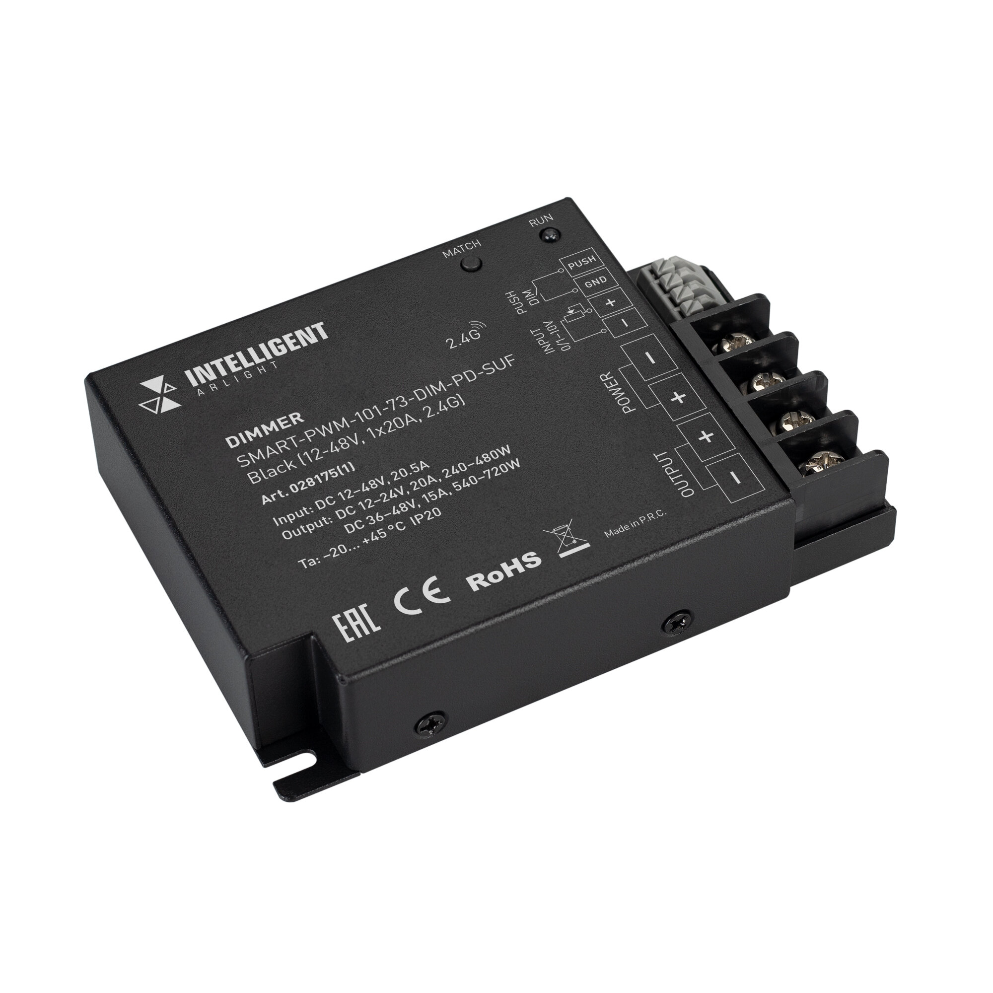 Диммер Arlight INTELLIGENT ARLIGHT Диммер SMART-PWM-101-73-DIM-PD-SUF Black (12-48V, 1x20A, 2.4G) (IARL, IP20 Металл, 5 лет)