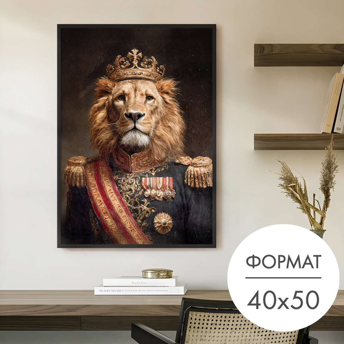 Постер "Лев в мундире и короне портрет" 40х50 без рамки для интерьера