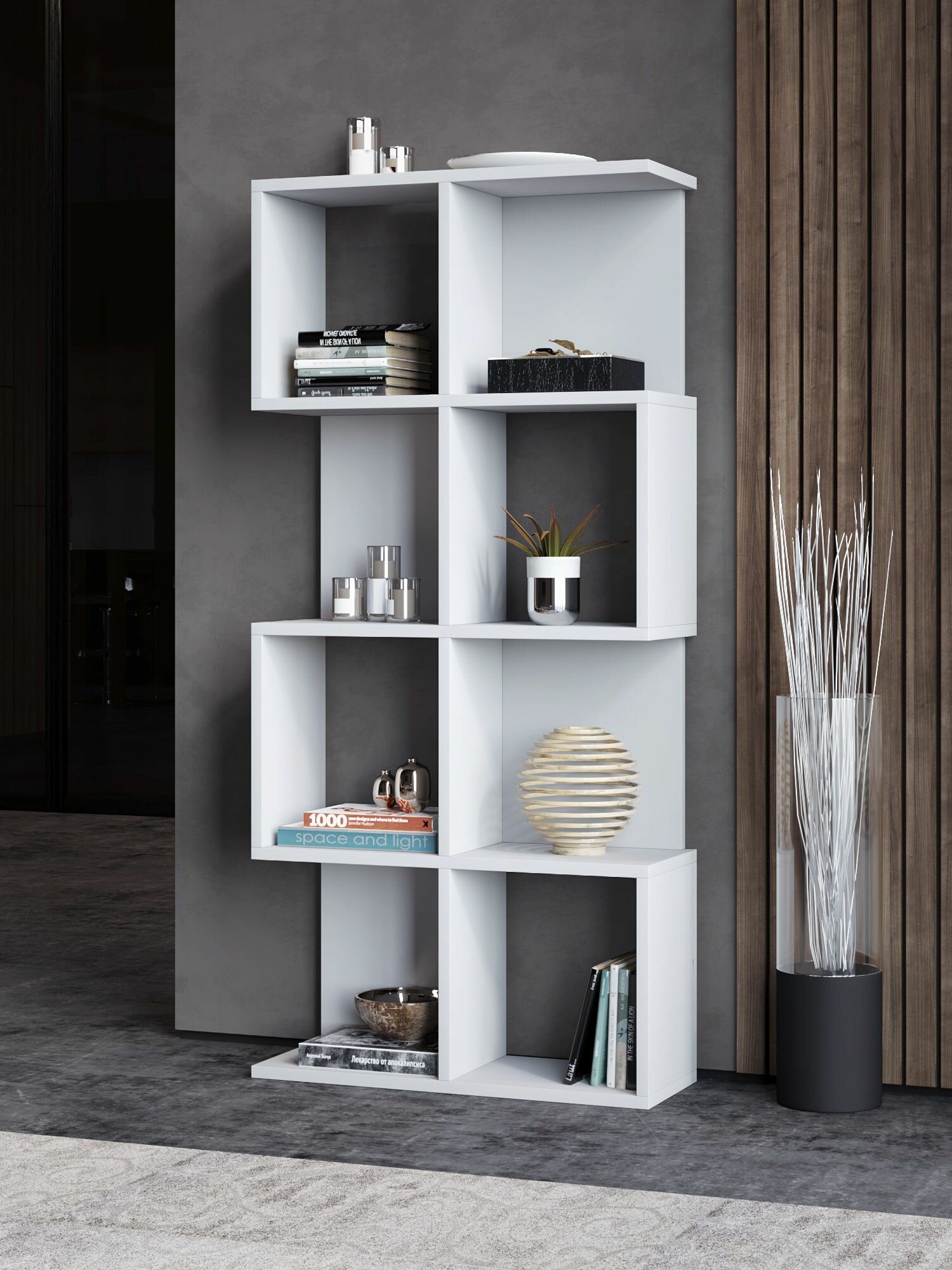 Стеллаж напольный деревянный белый с полками для гостиной и спальни, для игрушек, цветов, книг, аксессуаров. Мебель Обнинск, 150х70х25 см