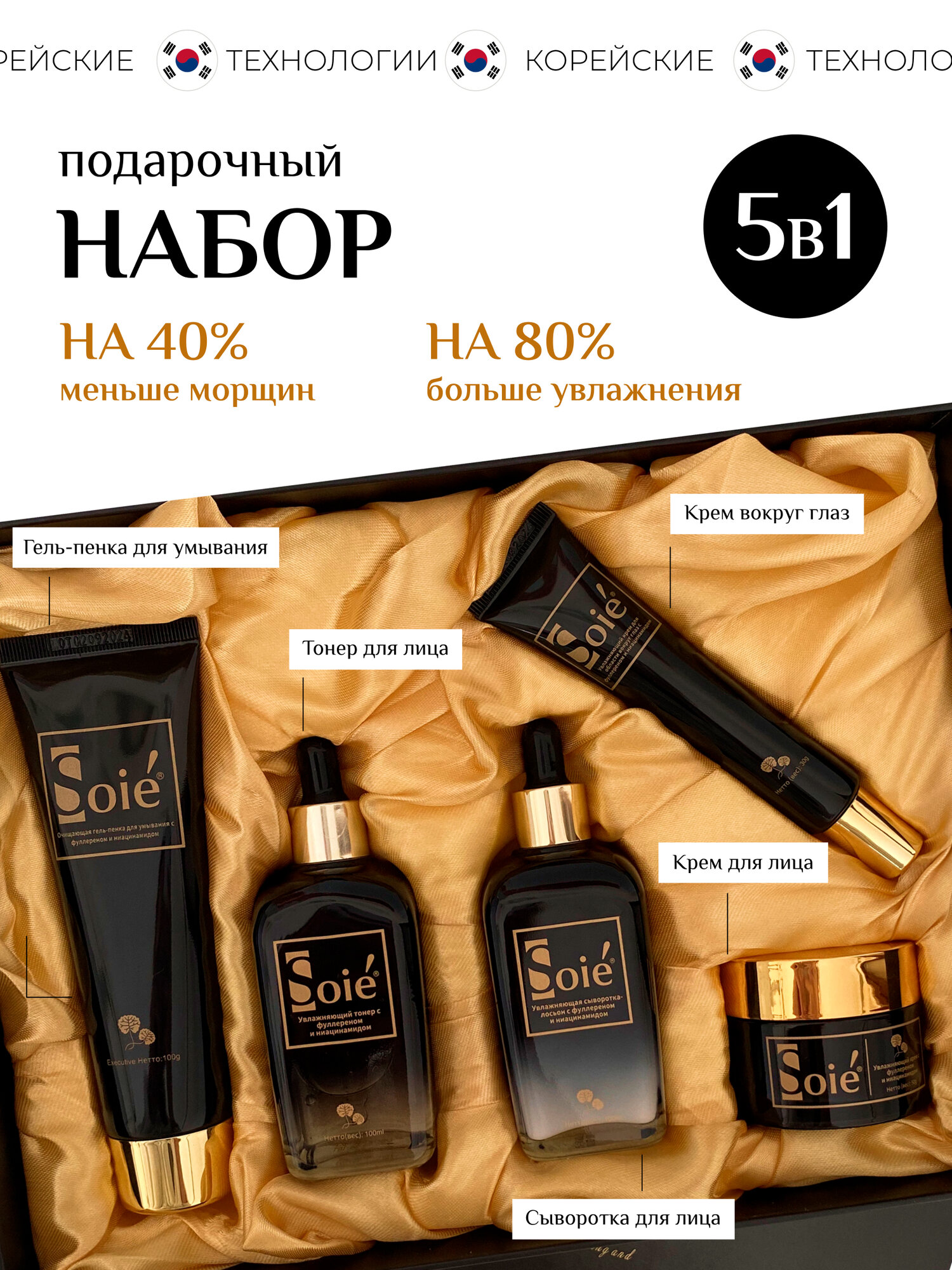 Подарочный набор "SOIE", сыворотка-тонер, эмульсия-лосьон, гель-пенка, крем, омолаживающий эффект