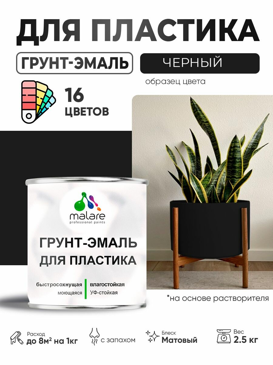 Грунт-Эмаль, Краска Malare 3 в 1 для пластика, окон и подоконников, сайдинга, быстросохнущая, матовый, черный, 2,5 кг.