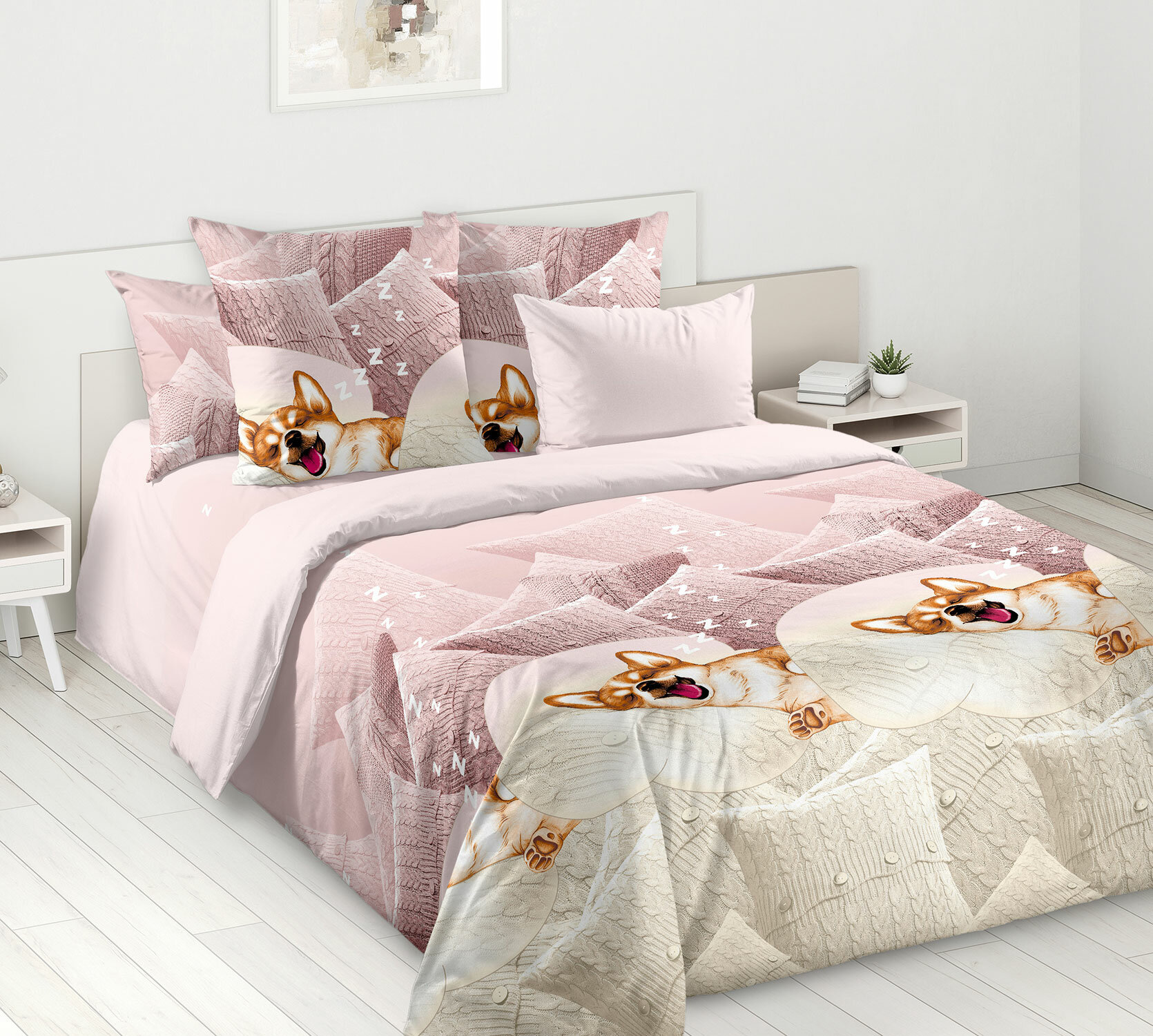 Постельное белье 1.5-спальное Перкаль (наволочки 70х70 2 шт.) Корги 1 роз 1800ПН