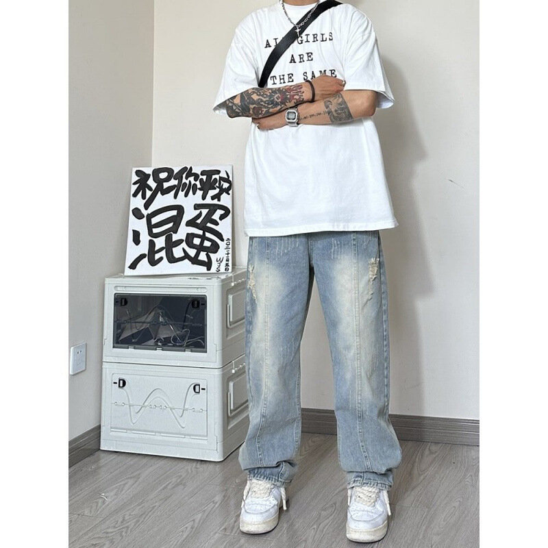 Тренд RONG CH Мужские Джинсы Лето Высокий Улица Потертые Свободные Стрейт Деним, Размер_M