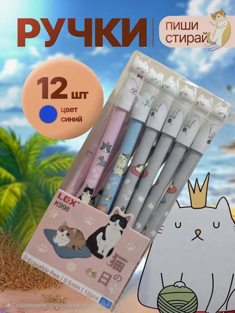 Ручки пиши стирай гелевые синие, 12 шт Котики домашние