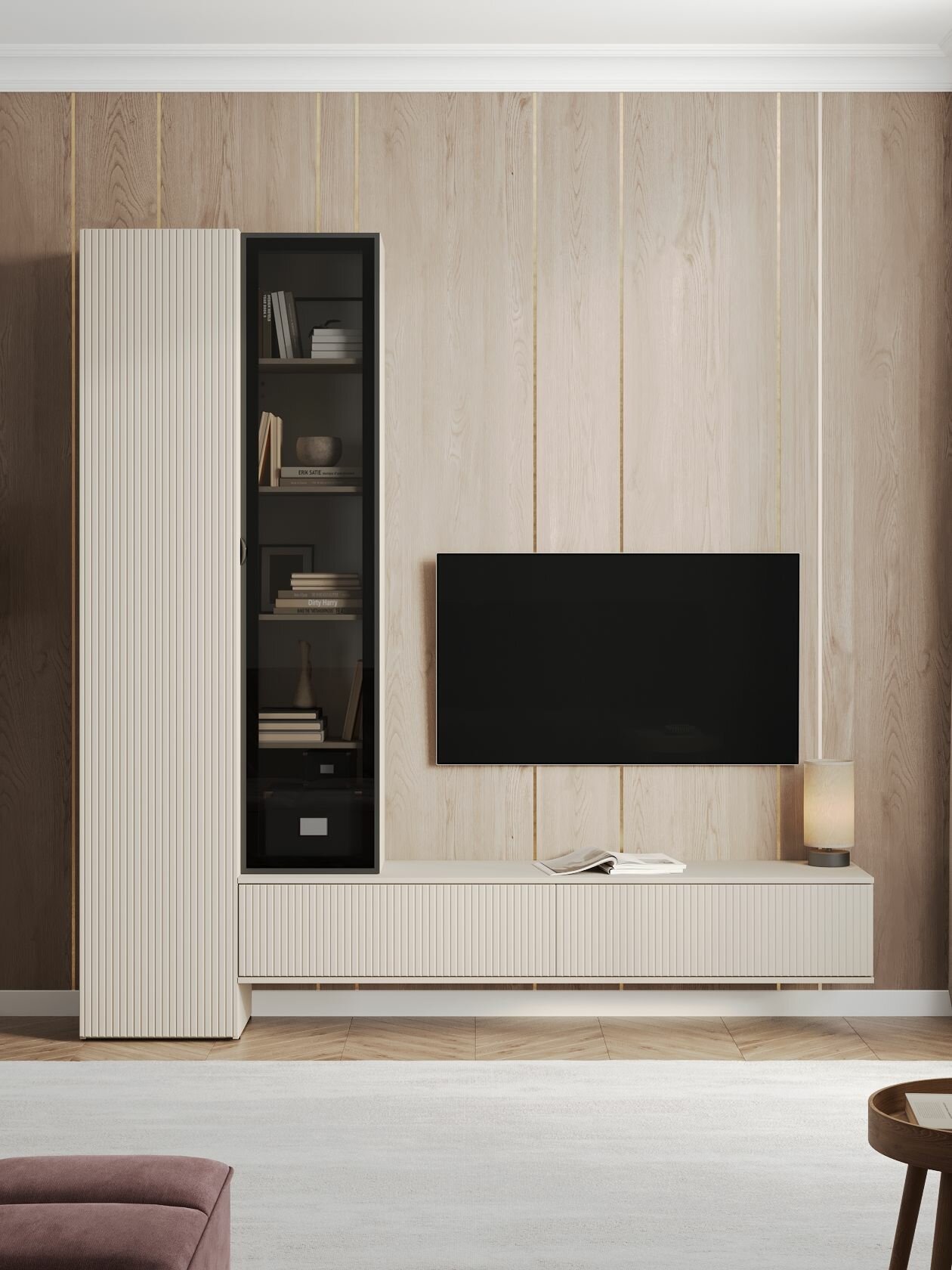 Гостиная комплект Амели Мини, тумба под телевизор, шкаф-витрина, шкаф-пенал, 225.2х41.6х231 см, Кашемир