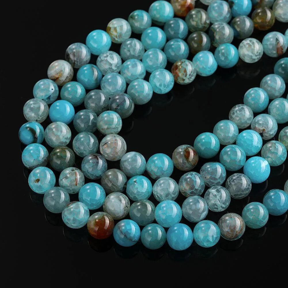 Халцедон "Вены Дракона" бусины 10.5 мм, около 37 шт, на нитке, Цвет небесно-голубой