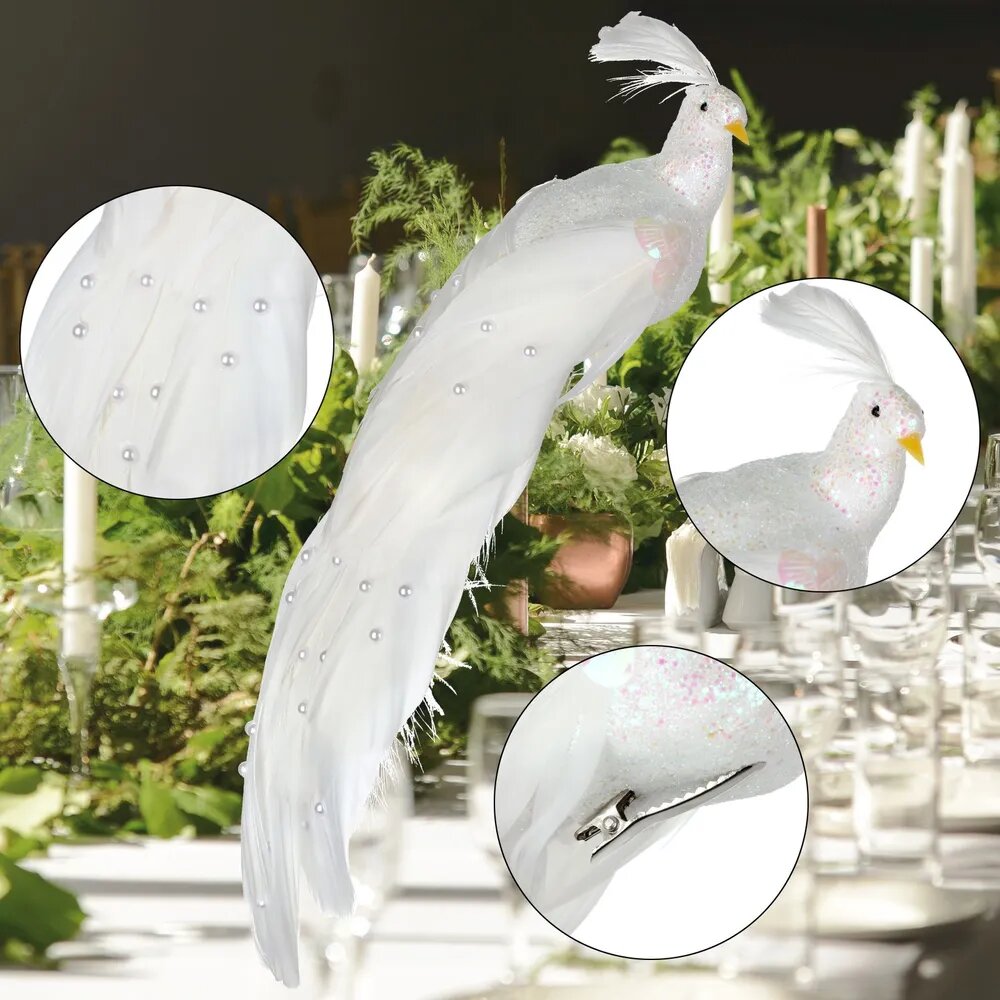 Статуя павлина из искусственного белого жемчуга с когтями и пером неразлучника, украшения для Рождественской елки