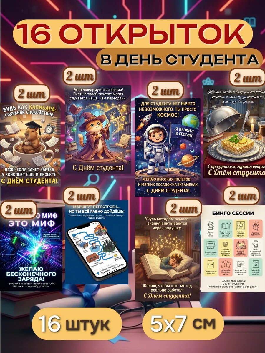 Открытки в День студента и Татьяны 5х7 набор 16 шт