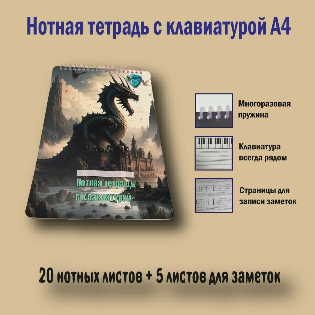 Нотная тетрадь "A4", с клавиатурой, в клетку, 20 л. с клавиатурой + 5 л. для заметок